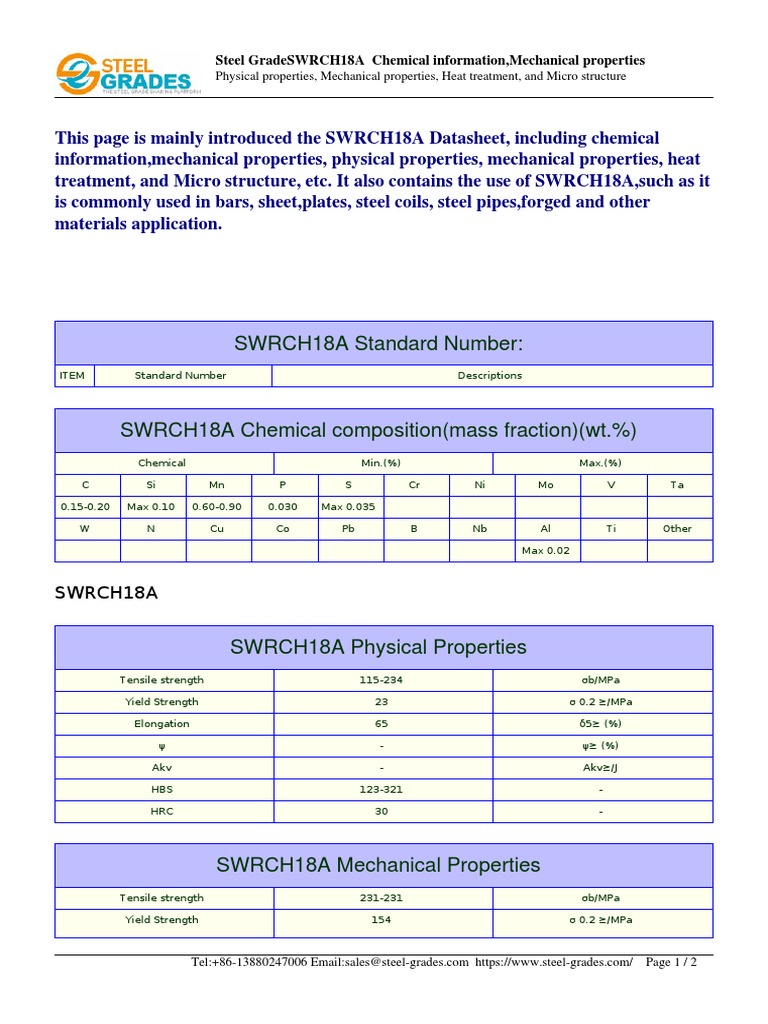 SWRCH18A Steel Grade Datasheet: Chemical Composition, Physical ...