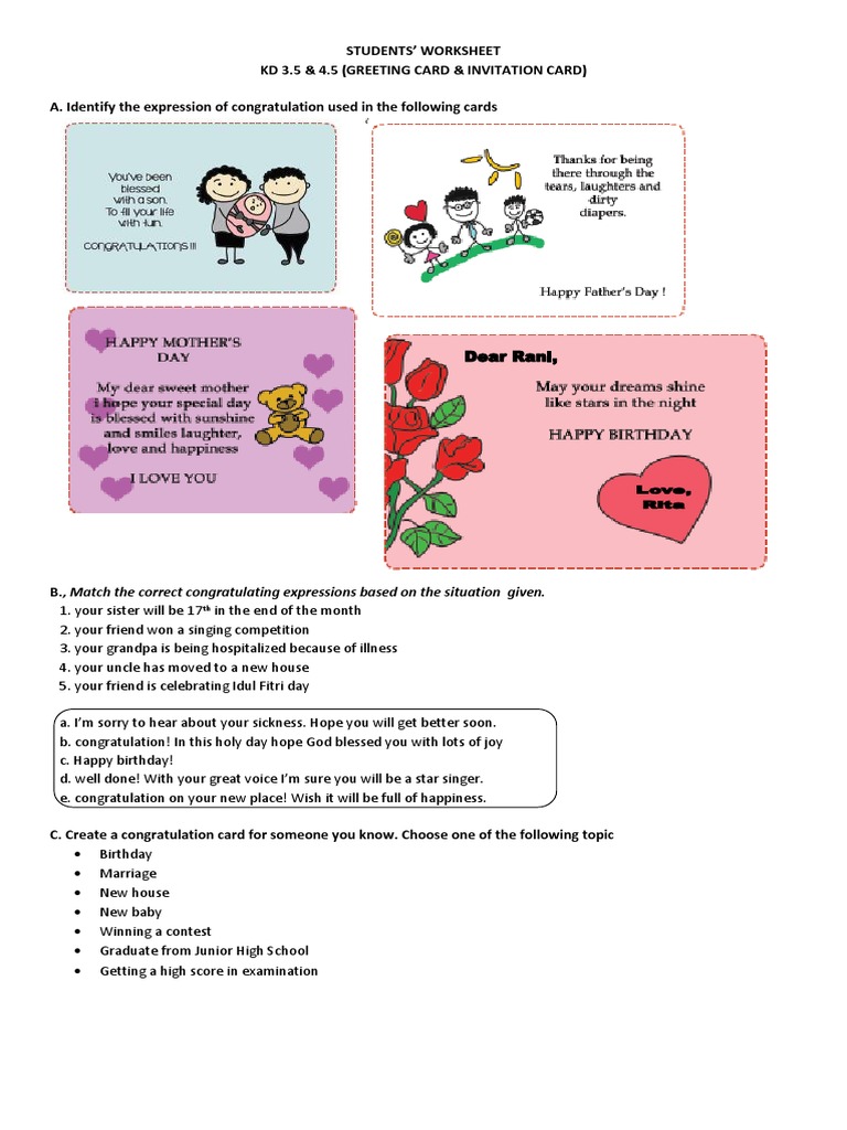 Greeting Card Worksheet for Students | PDF