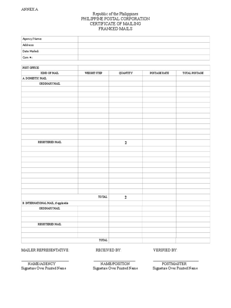 Republic of The Philippines Philippine Postal Corporation Certificate ...