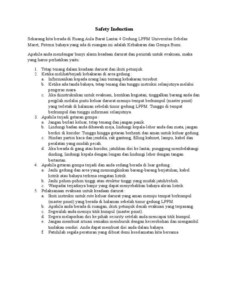Safety Induction Aula Barat Lantai 4 LPPM UNS | PDF