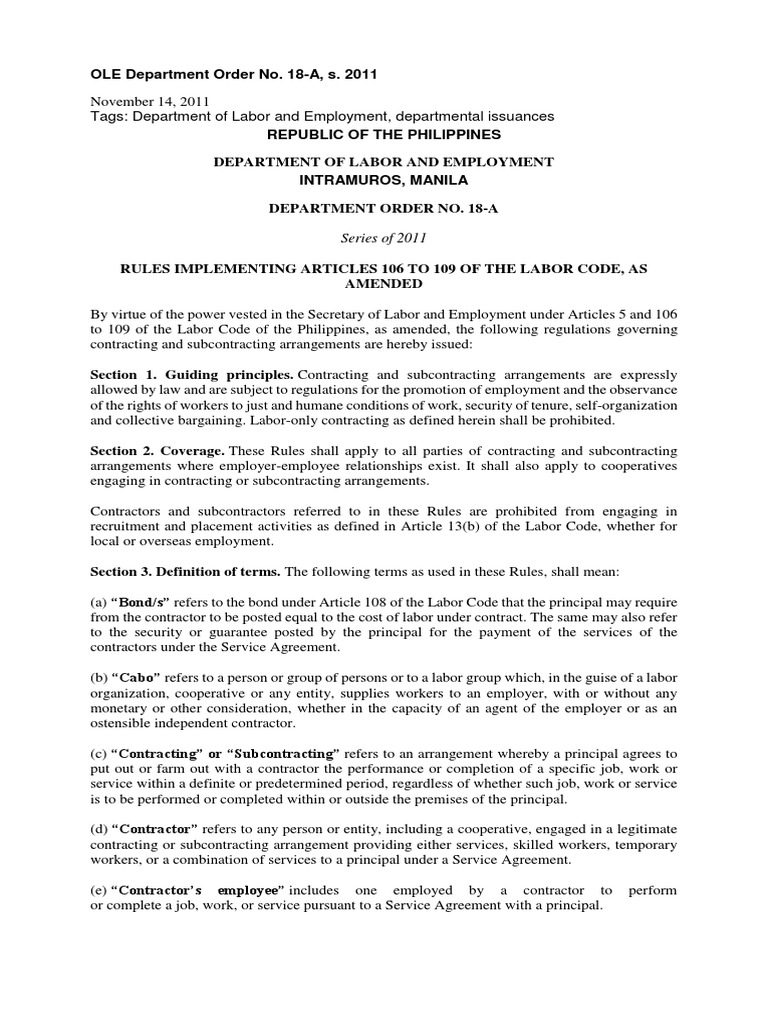 DOLE Department Order No. 18-A, 2011 | PDF | Independent Contractor ...
