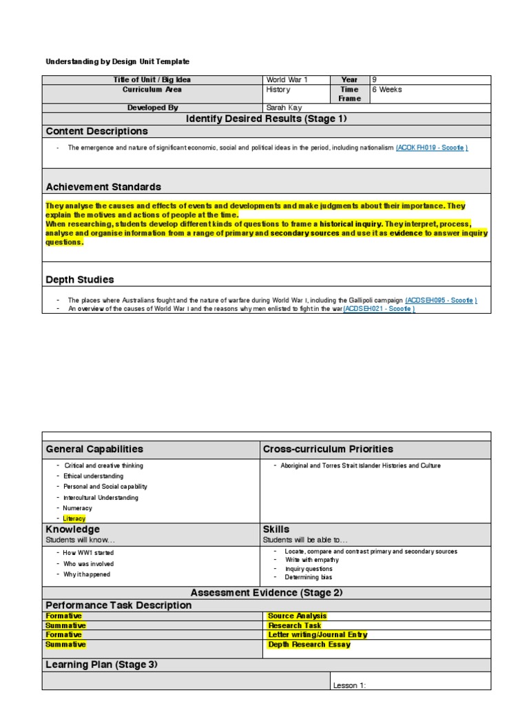 ww1 Unit Plan | PDF | Cognition | Learning