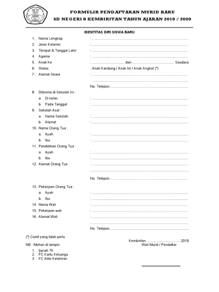 Formulir Pendaftaran Murid Baru | PDF