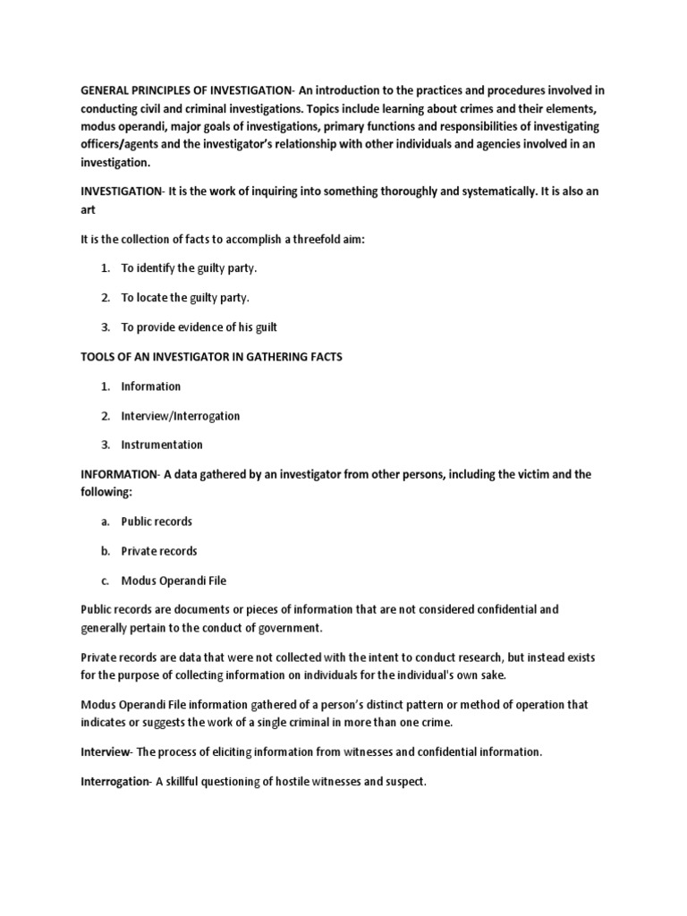 General Principles of Investigation | PDF | Crime Scene ...