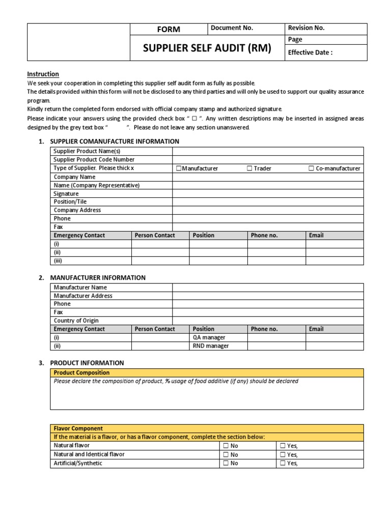 Supplier Self Audit For Food Manufacture | PDF | Nutrients | Nut (Fruit)