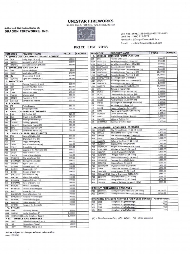 2018 Dragon Fireworks Price List V3 122618 | PDF