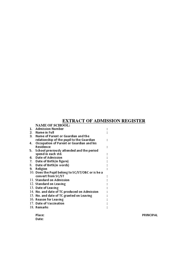 Admission Register Extract Template | PDF