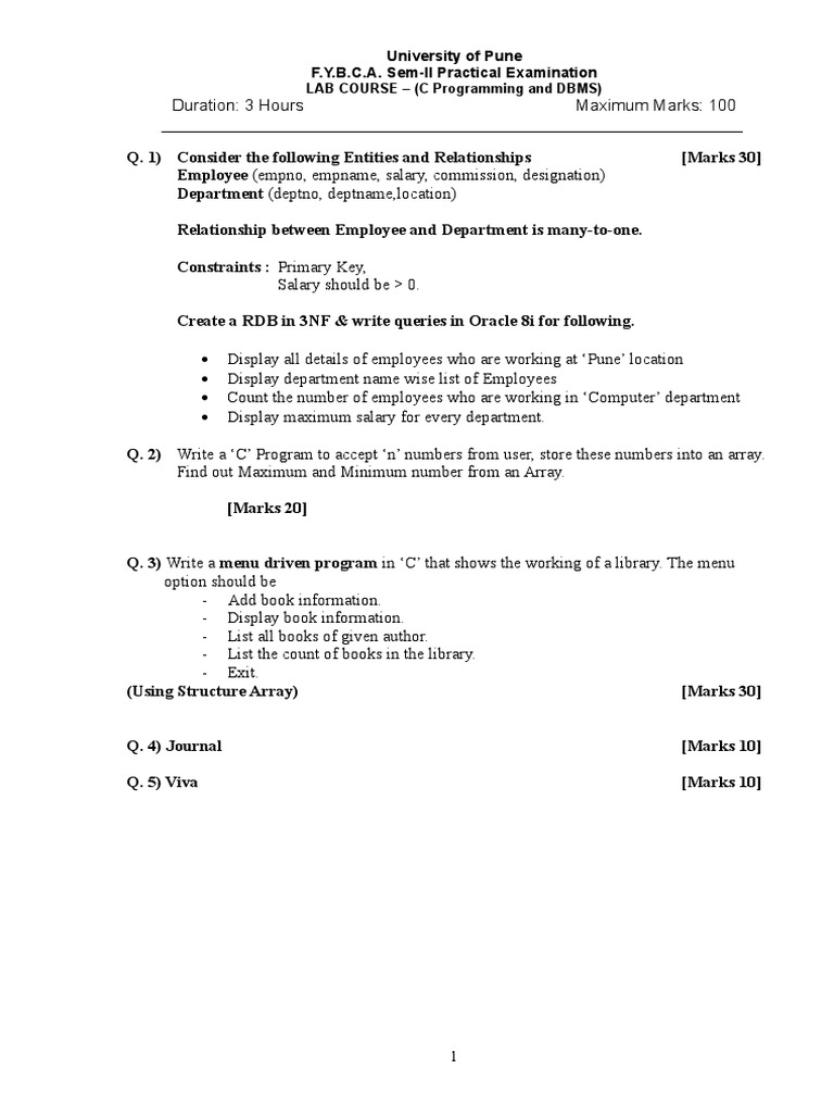 University of Pune F.Y.B.C.A. Sem-II Practical Examination: LAB COURSE - (C Programming and DBMS ...