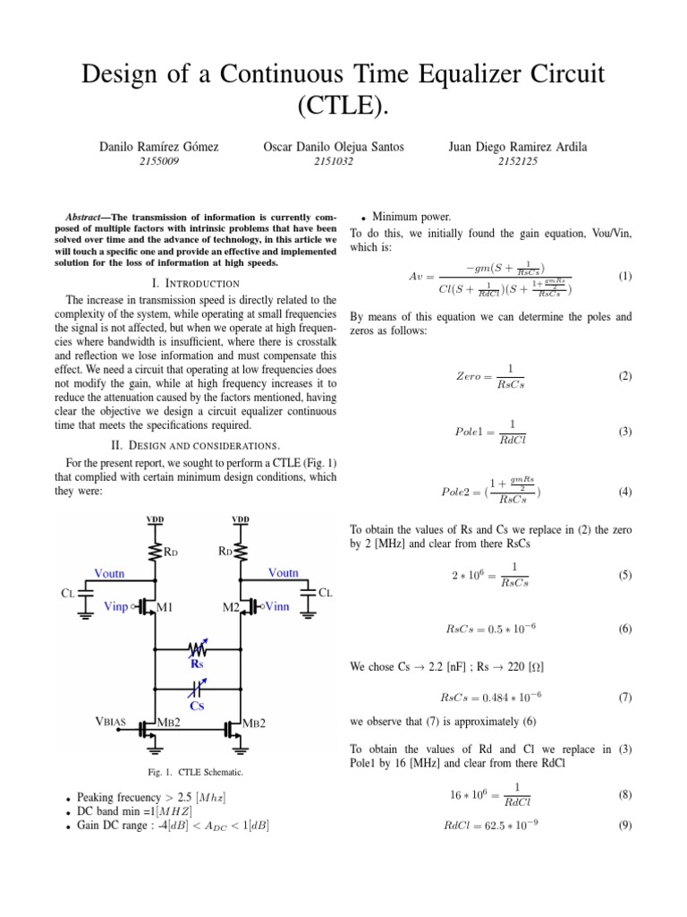Design of A Continuous Time Equalizer Circuit (CTLE) | PDF | Equalization (Audio) | Transistor