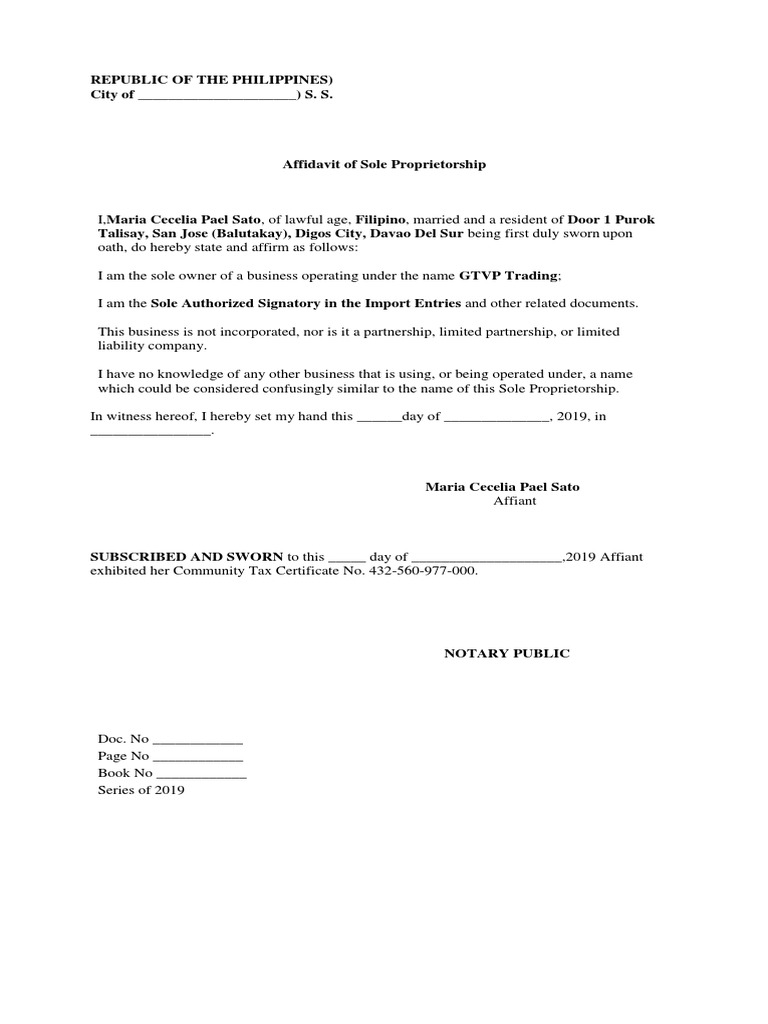 Affidavit of Sole Proprietorship - Appointment of Authorized Signatory ...
