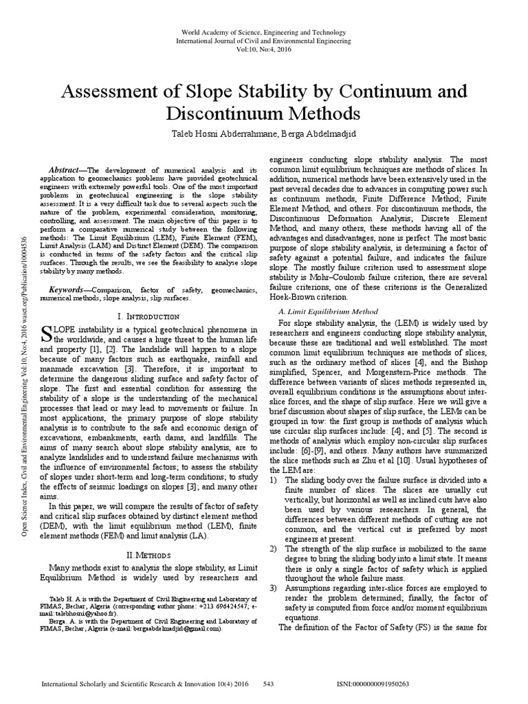 Assessment of Slope Stability by Continuum and Discontinuum Methods ...