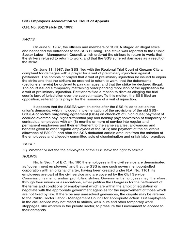 j14. Sss Employees Association V CA | PDF | Strike Action | Injunction