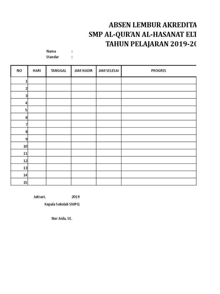 Absen Lembur SMP Al-Qur'an 2019-2020 | PDF