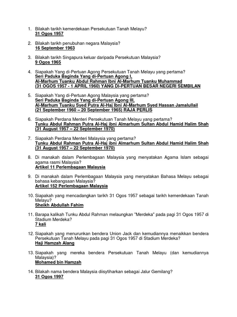 Soalan Kuiz Merdeka | PDF