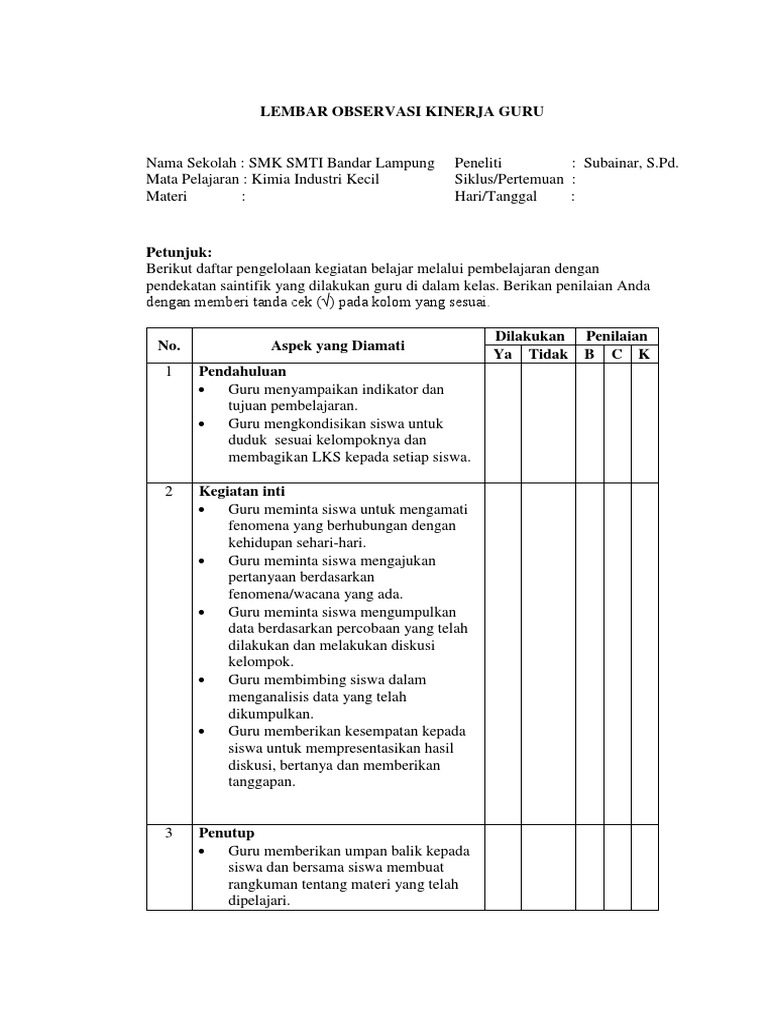 Lembar Observasi Kinerja Guru | PDF Lembar Observasi Kinerja Guru | PDF
