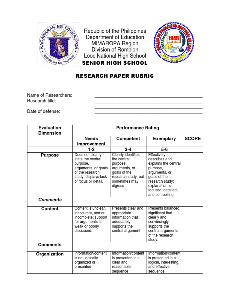Senior High School Research Paper Rubric | PDF | Rubric (Academic ...