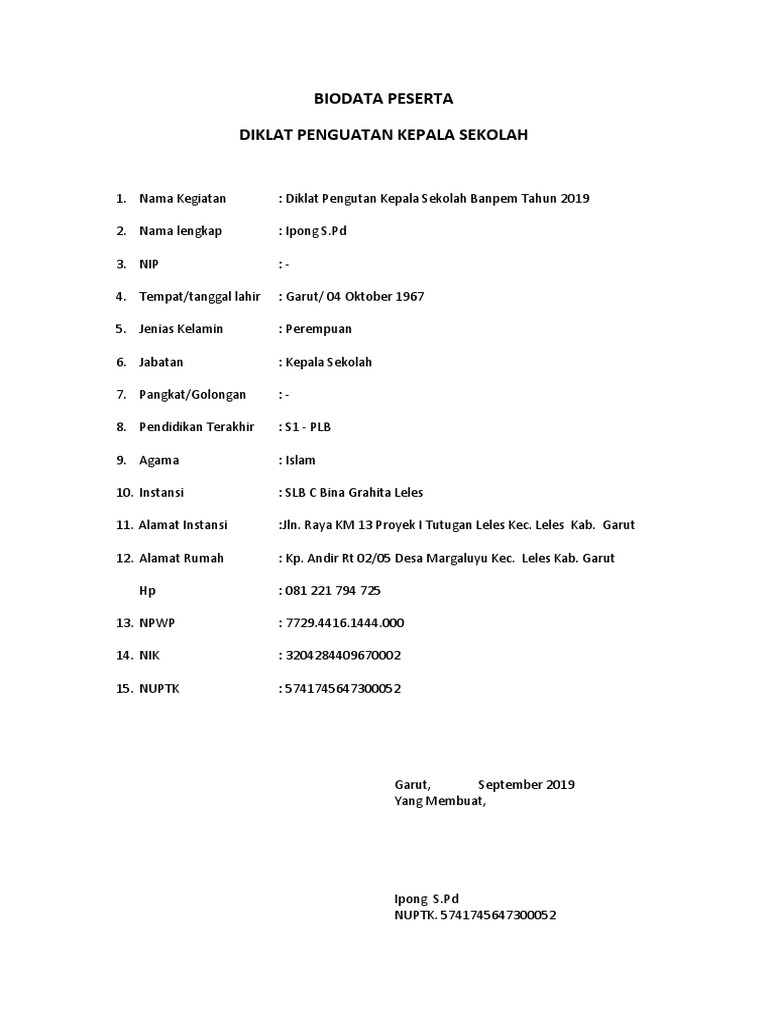 Biodata Peserta Diklat Kepsek | PDF
