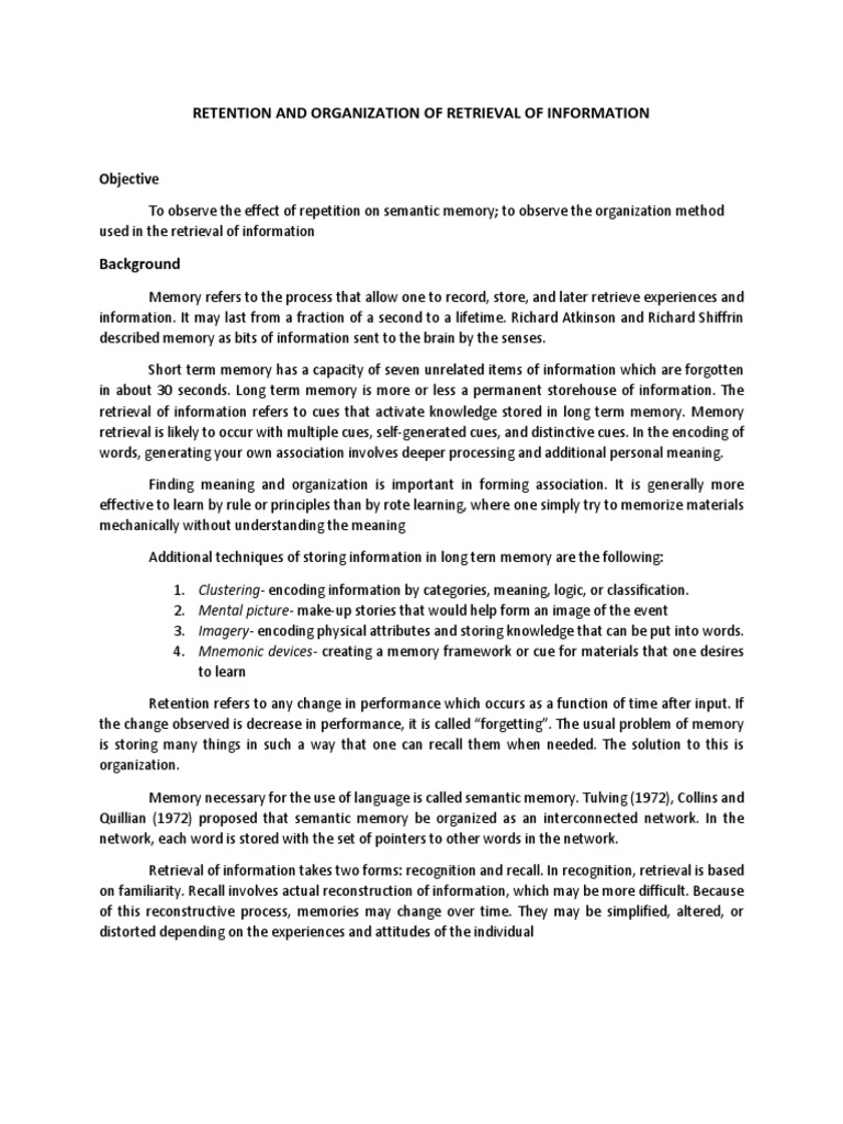 Retention and Organization of Retrieval of Information: Objective | PDF ...