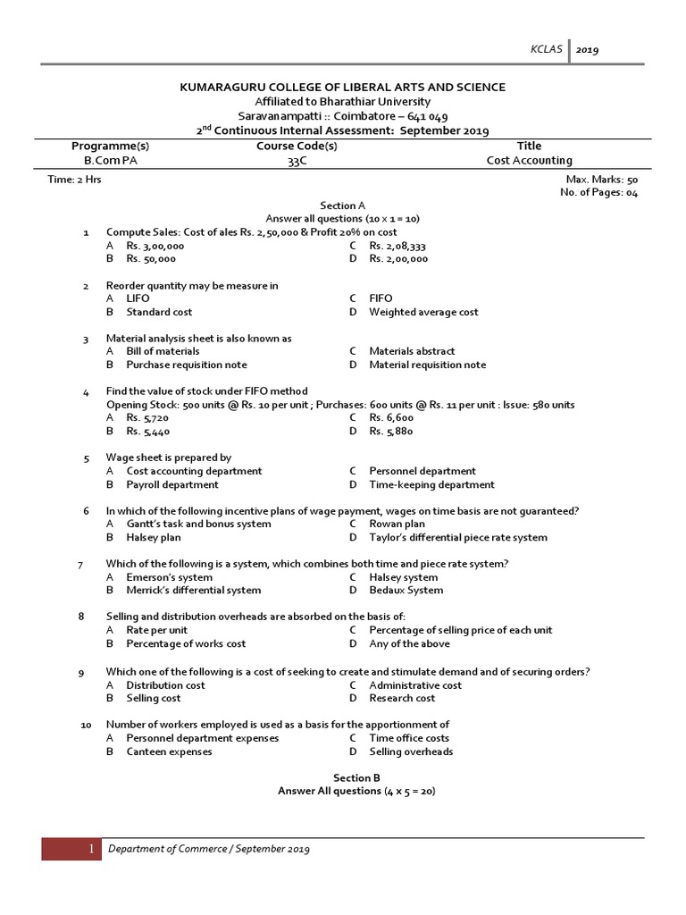 Cost QP CIA II | PDF | Piece Work | Cost