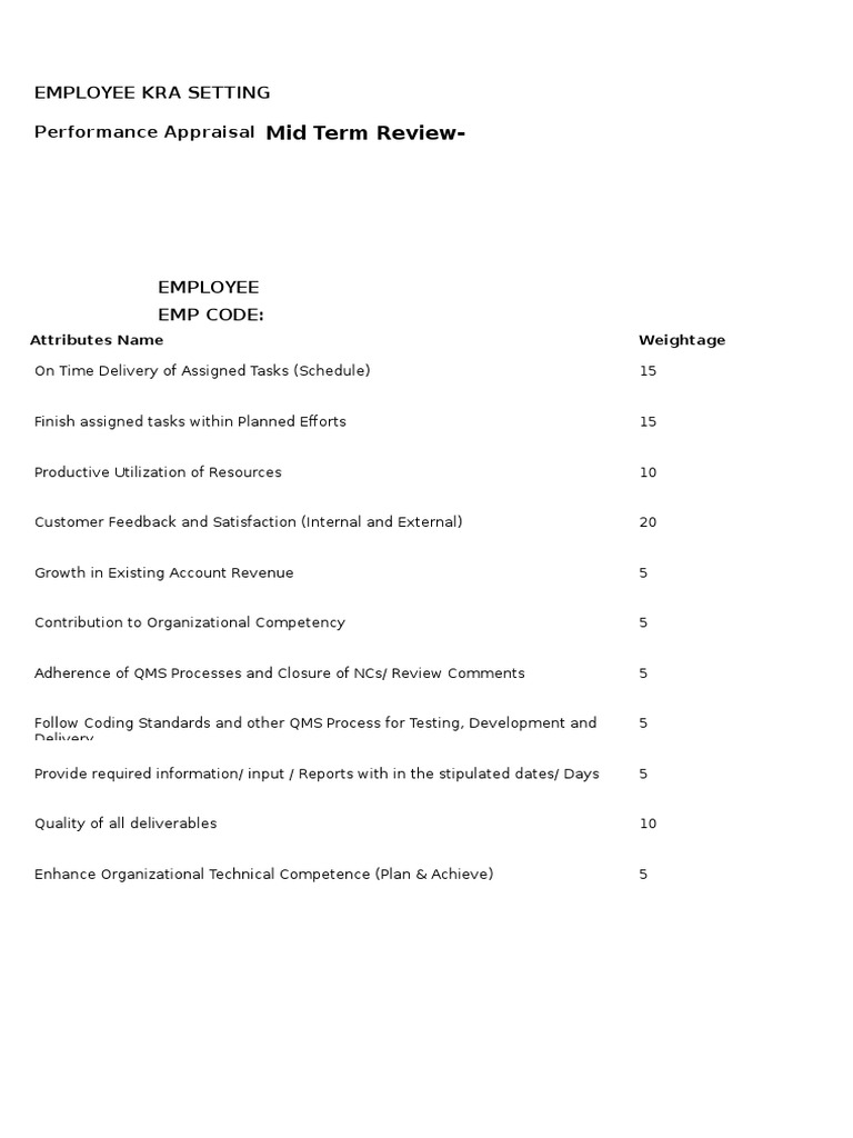Mid Term Review-: Employee Kra Setting Performance Appraisal | PDF