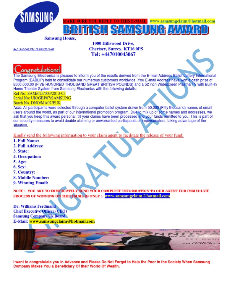 Scam Alert: Fake Samsung Lottery | PDF | Career & Growth | Business