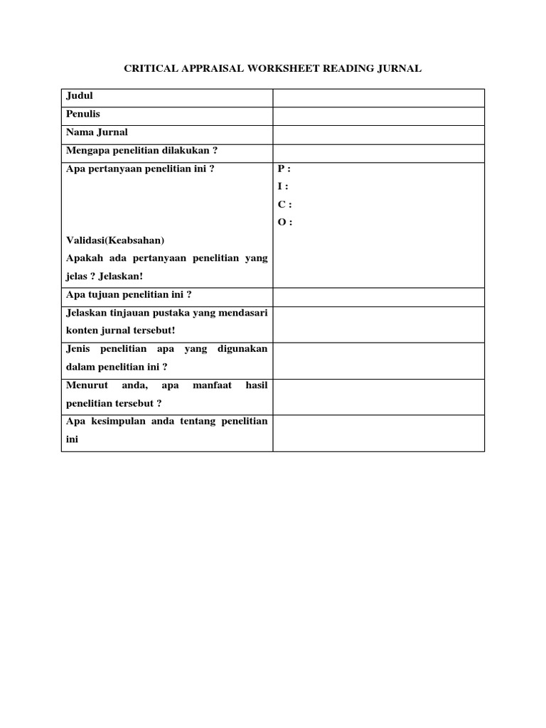 Format Critical Appraisal Worksheet Reading Jurnal | PDF