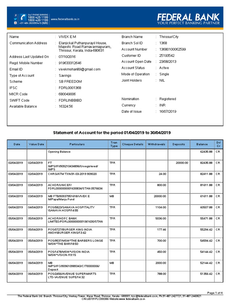 Monthly Bank Statement for Vivek E M's Savings Account at The Federal ...