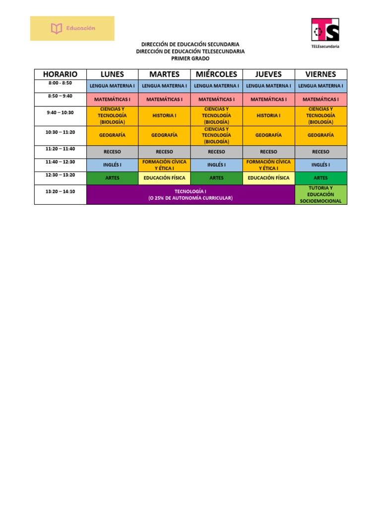 Horario Primer Grado Telesecundaria 2025 | PDF