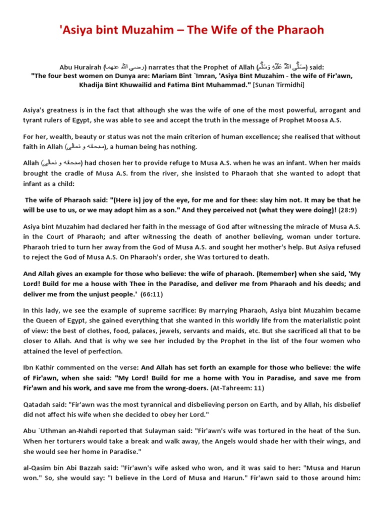 Asiya Bint Muzahim The Wife of The Pharaoh PDF | PDF | Moses In Islam | Religious Belief And ...