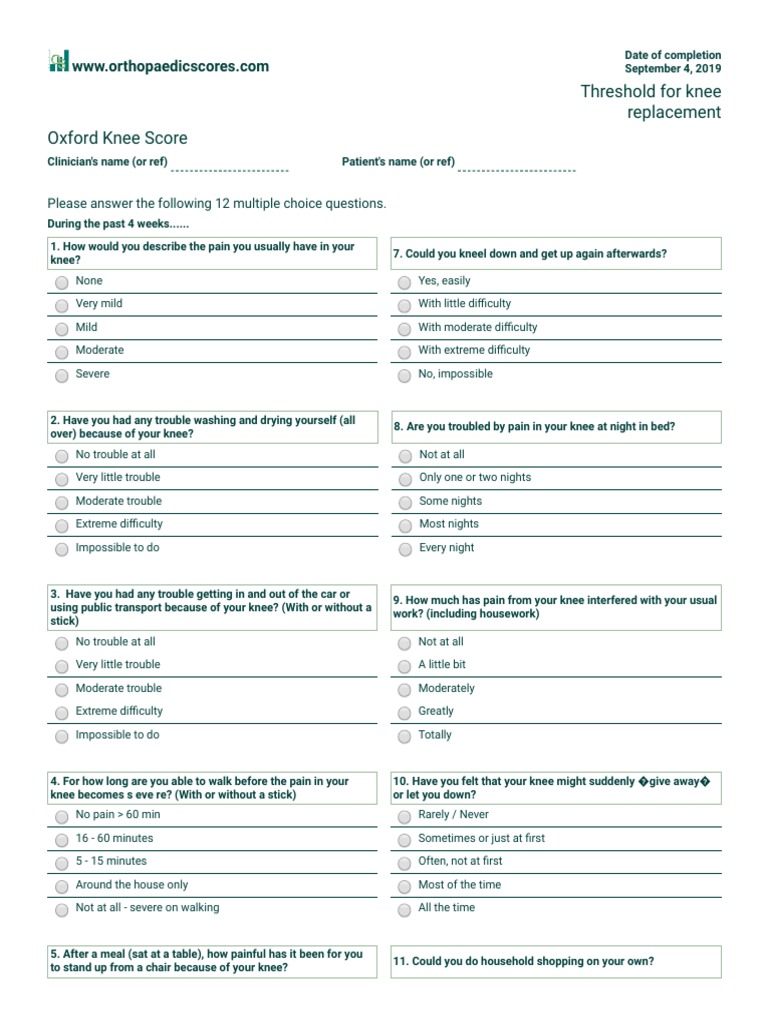 Oxford Knee Score Questionnaire Guide | PDF | Arthritis | Orthopedic ...