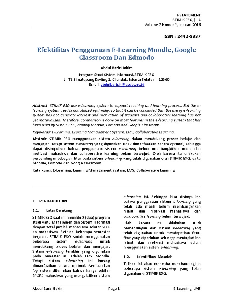 Efektifitas Penggunaan E-Learning Moodle, Google Classroom Dan Edmodo | PDF