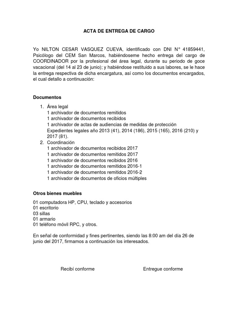 Modelo de Acta de Entrega de Cargo | PDF | Electrónica de consumo ...