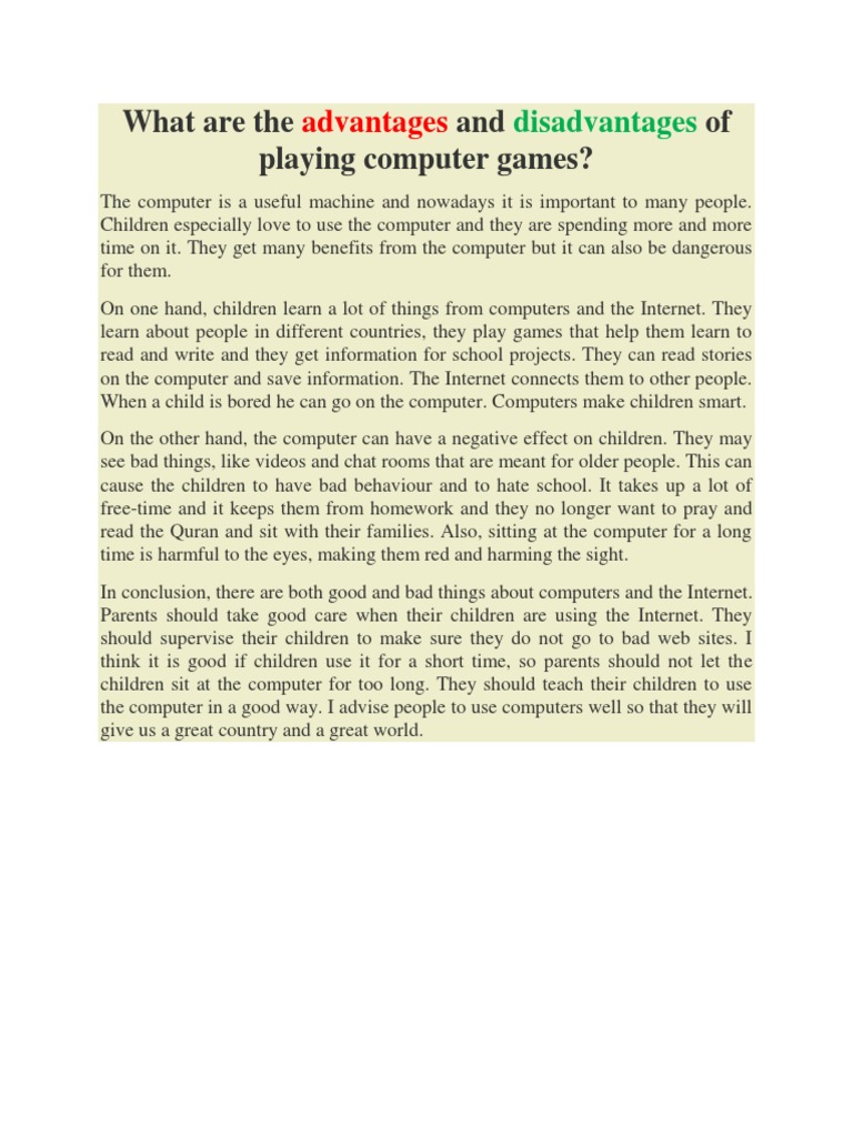 Advantages and Disadvantages of Playing Computer Games | PDF