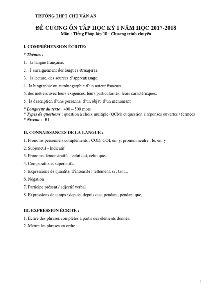 Révision Français 10e: Examen 2017-2018 | PDF | Syntaxe | Linguistique