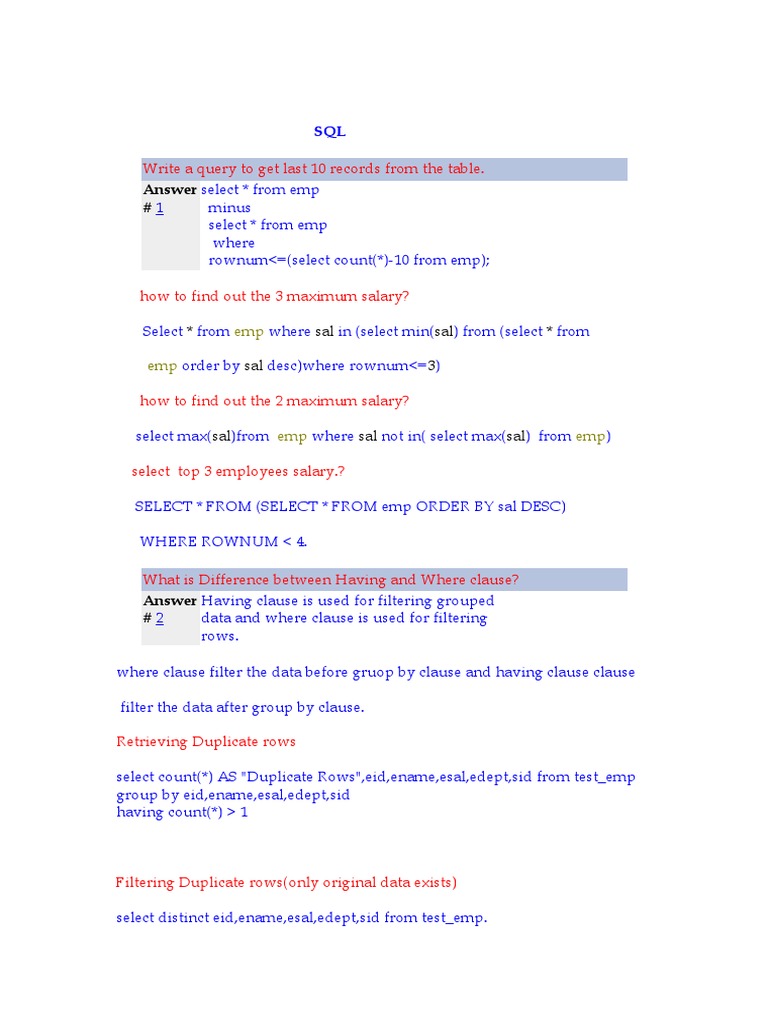 SQL Important Question Answer | PDF | Database Index | Microsoft Sql Server