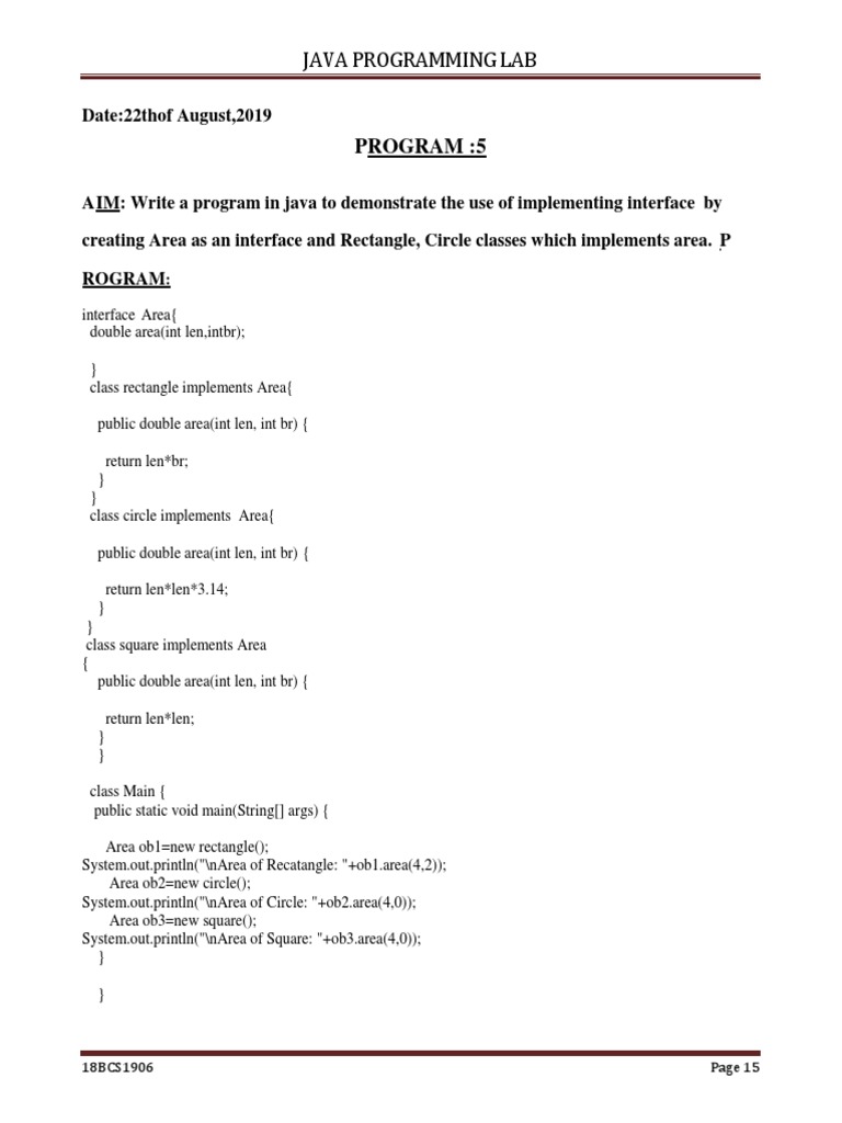 P Rogram:5: Java Programming Lab | PDF | Area | Software Development