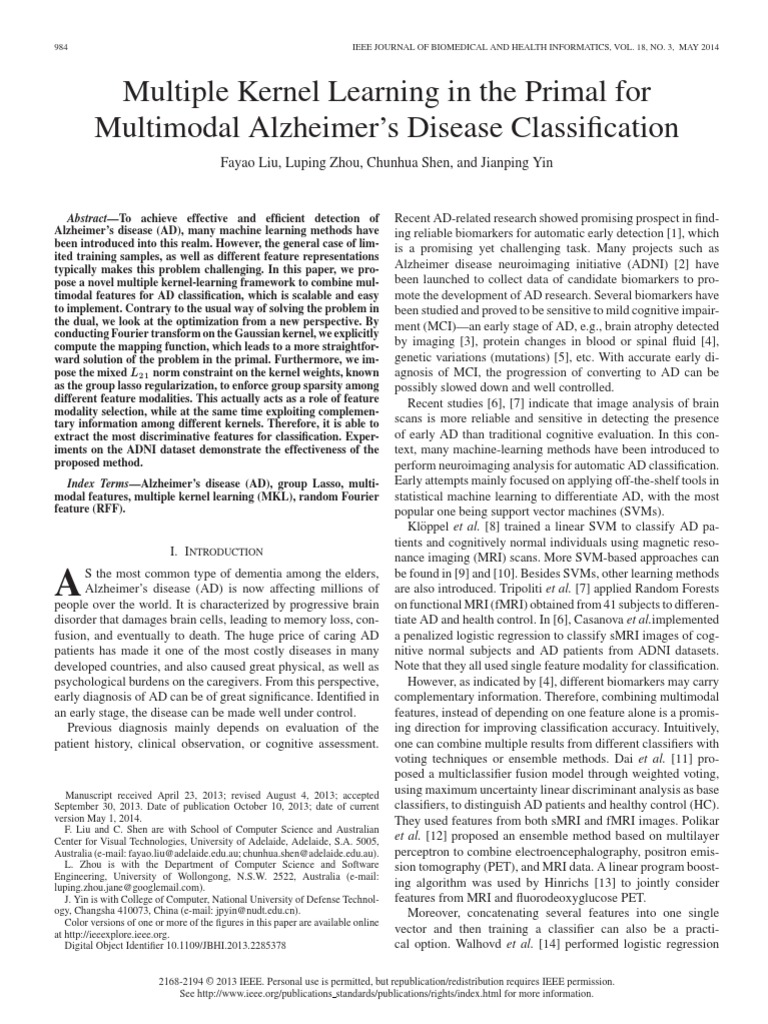 Multiple Kernel Learning in The Primal For Multimodal Alzheimer's Disease Classification | PDF ...