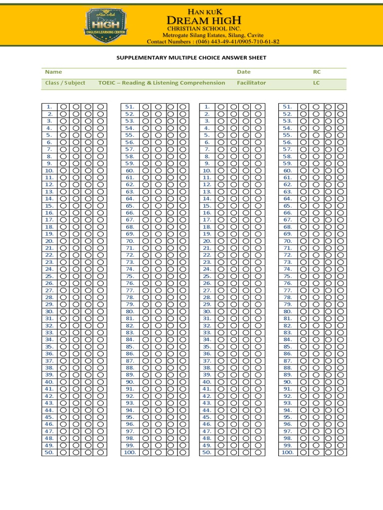Toeic RC-LC Answer Sheets | PDF | Qualifications | Standardized Tests