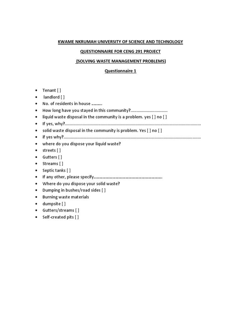 Kwame Nkrumah University of Science and Technology Questionnaire For ...