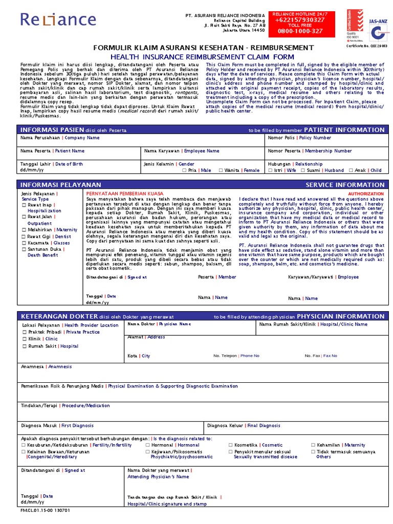Formulir Klaim Reimbursement PDF | PDF