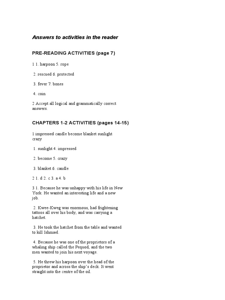 Answers To Activities in The Reader | PDF | Moby Dick | Captain Ahab