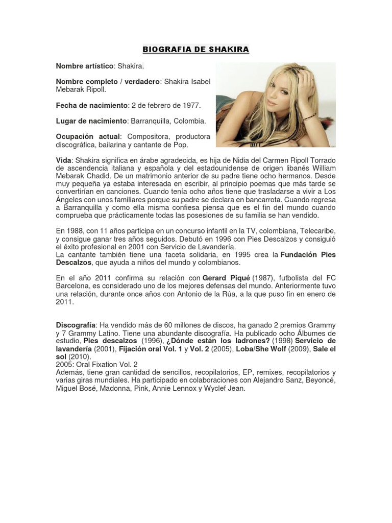 Biografia de Shakira | PDF | Música pop | Industria de la música