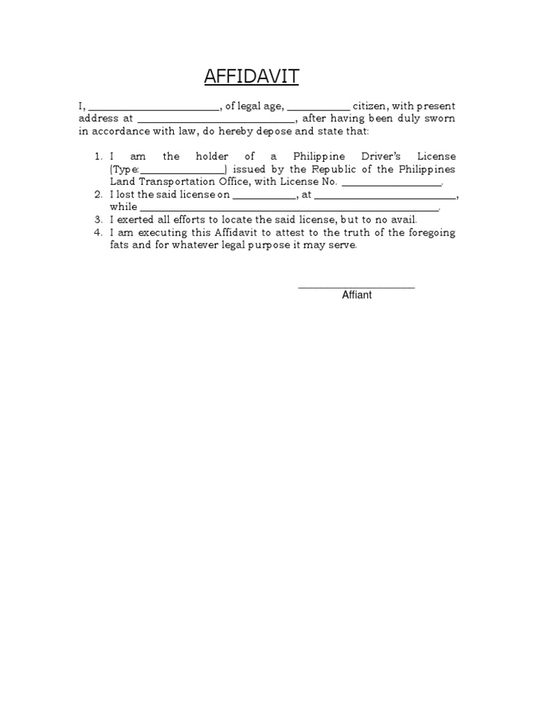Drivers License Affidavit Blank Template | PDF