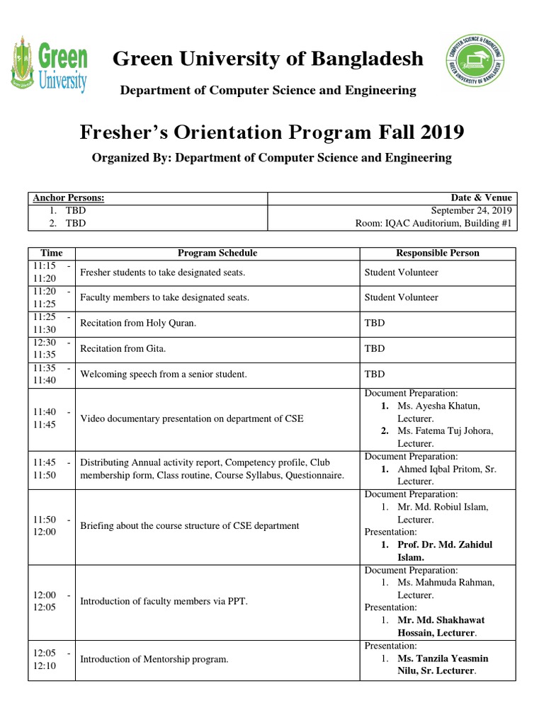 Freshers Orientation Plan Fall 2019 | PDF | Bangladesh