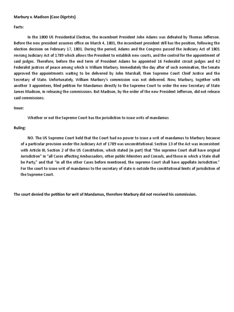 Marbury v. Madison Case Summary | PDF | Law