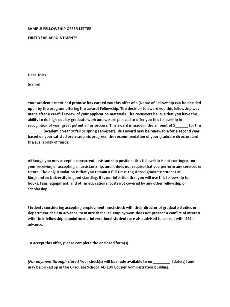 Sample Fellowship Offer Letter | PDF | Graduate School | Government