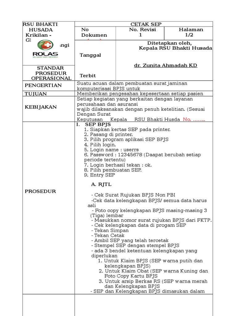 Prosedur Cetak SEP BPJS di RSU Bhakti | PDF