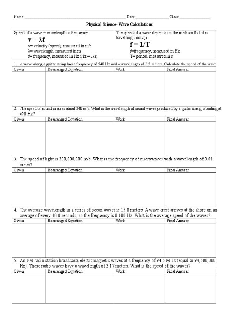 Wave Calculations Worksheet | PDF | Waves | Frequency