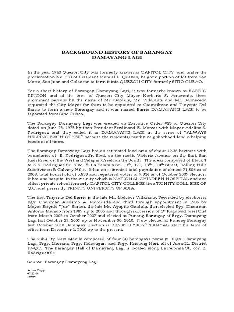 Background History of Barangay Damayang Lagi | PDF | Philippines