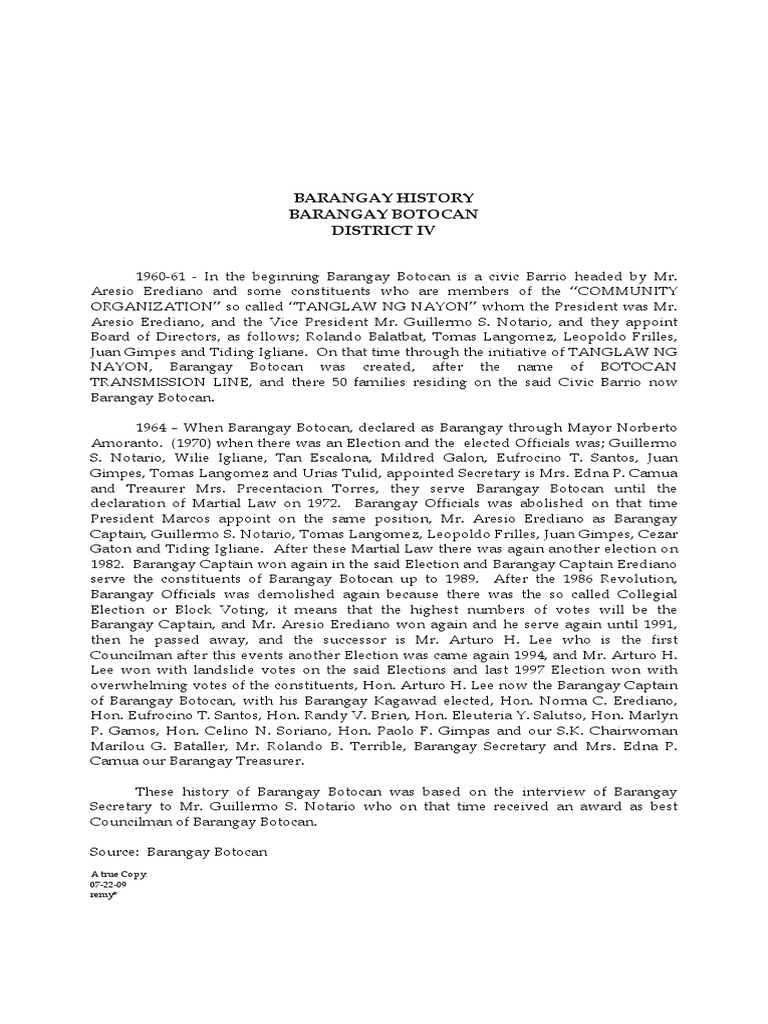 Barangay History Barangay Botocan District Iv: A True Copy: 07-22-09 ...